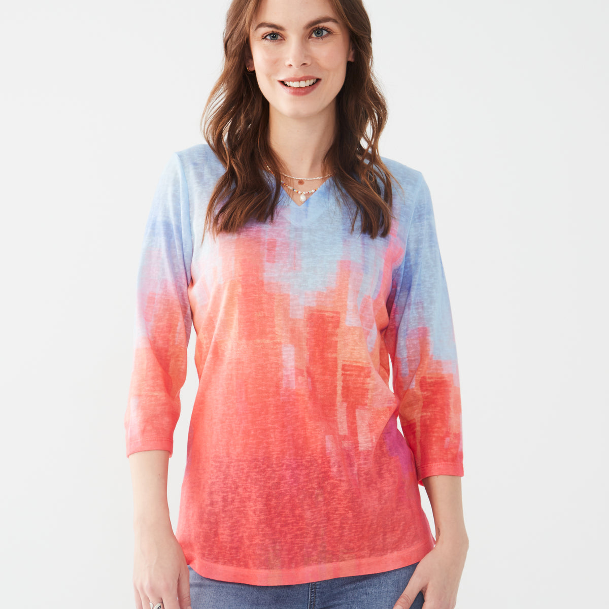 Notch Neck 3/4 Sleeve Jersey Top – French Dressing Jeans Inc.
