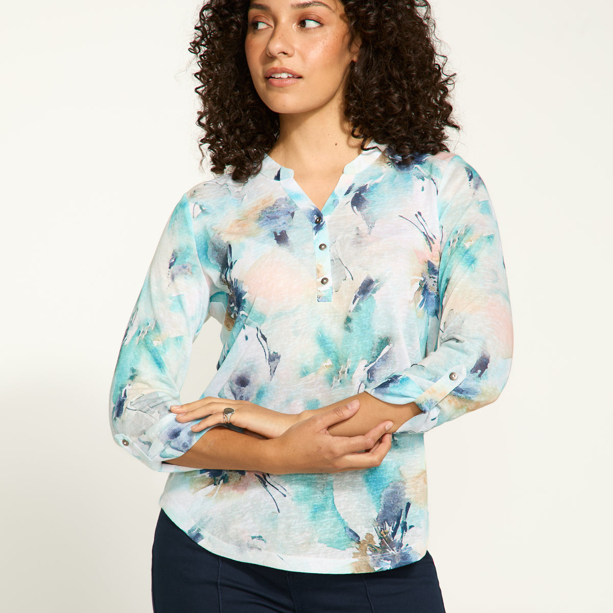 3/4 Sleeve Tab-Up Henley Top, Alani – French Dressing Jeans Inc.